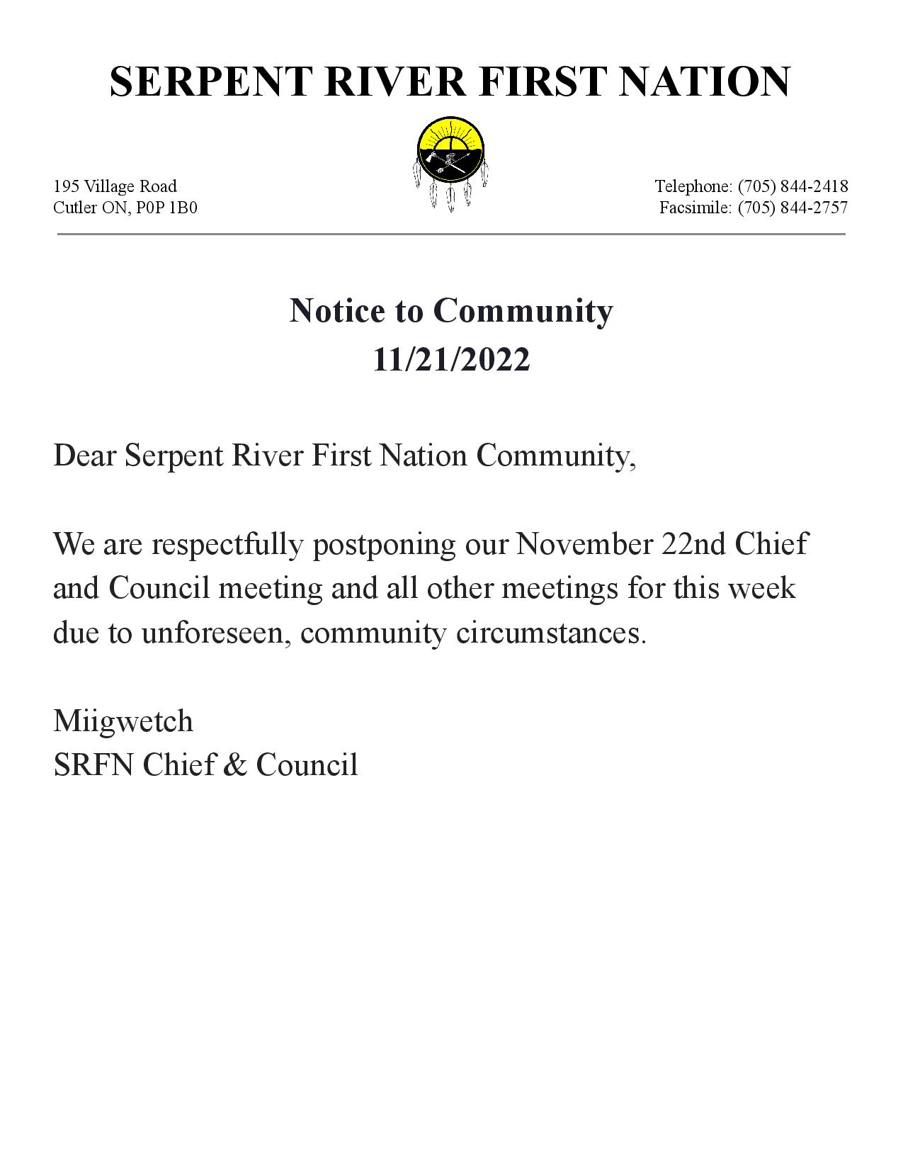 Chief and Council Communications - Serpent River First Nation